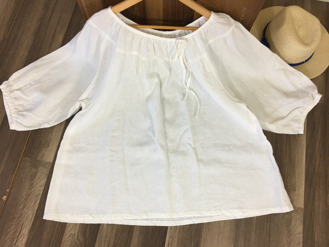 White Linen Top Long Sleeve, Natural Linen White Blouse for Women, 54 ...