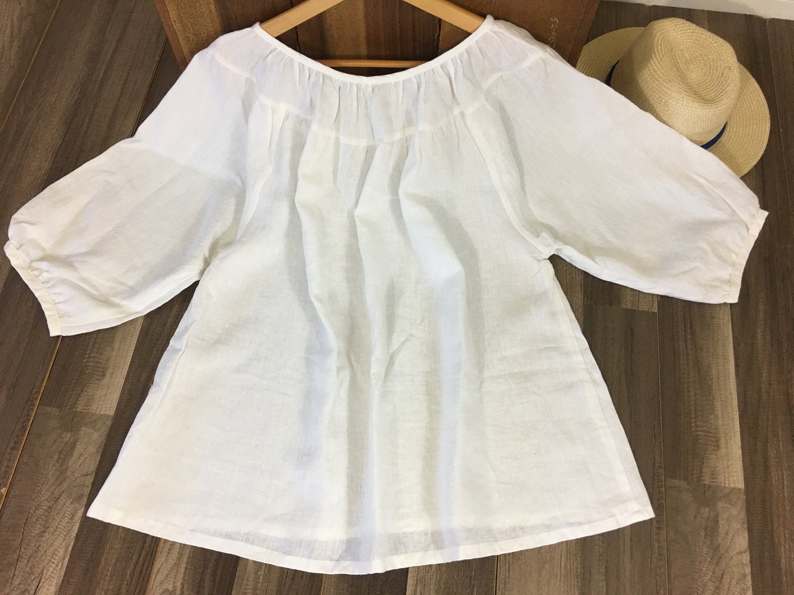 White Linen Top Long Sleeve, Natural Linen White Blouse for Women, 54 ...