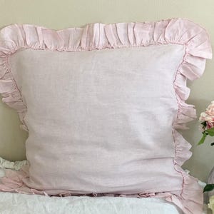 Chambray Blush Pink Euro Sham With Country Ruffles, Natural Linen ...