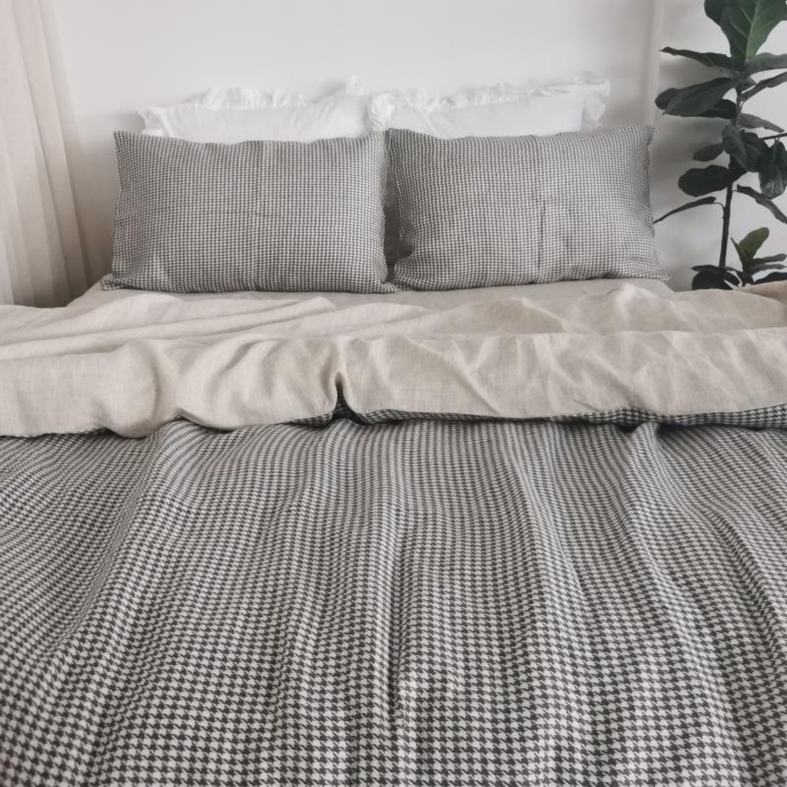 Houndstooth Linen Duvet Cover, Houndstooth Weave in Natural Linen ...