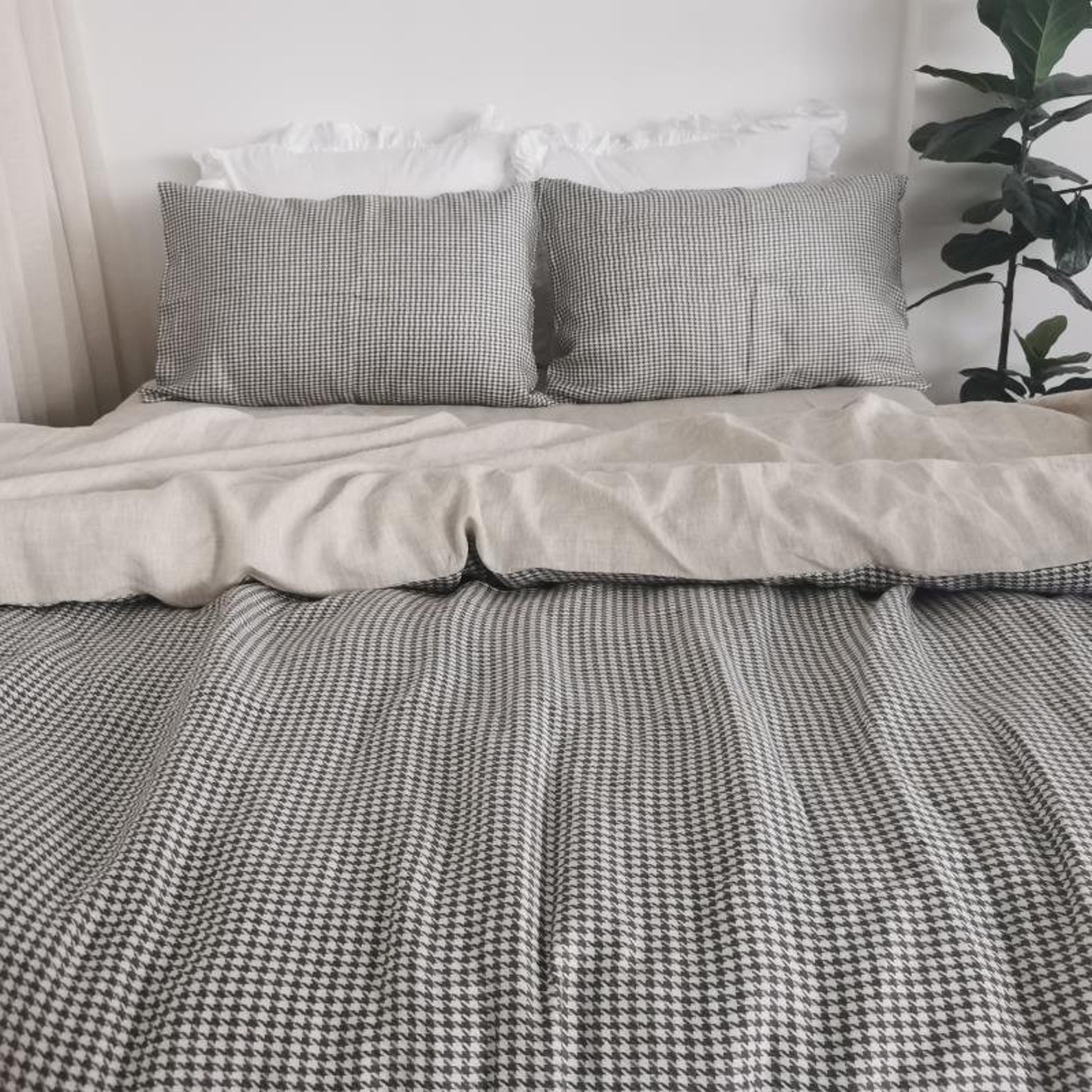 Houndstooth Linen Duvet Cover, Houndstooth Weave in Natural Linen ...