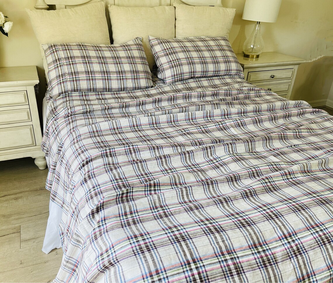 Rainbow Check Linen Bed Sheets Set, Rainbow Linen Stripe Bedding ...