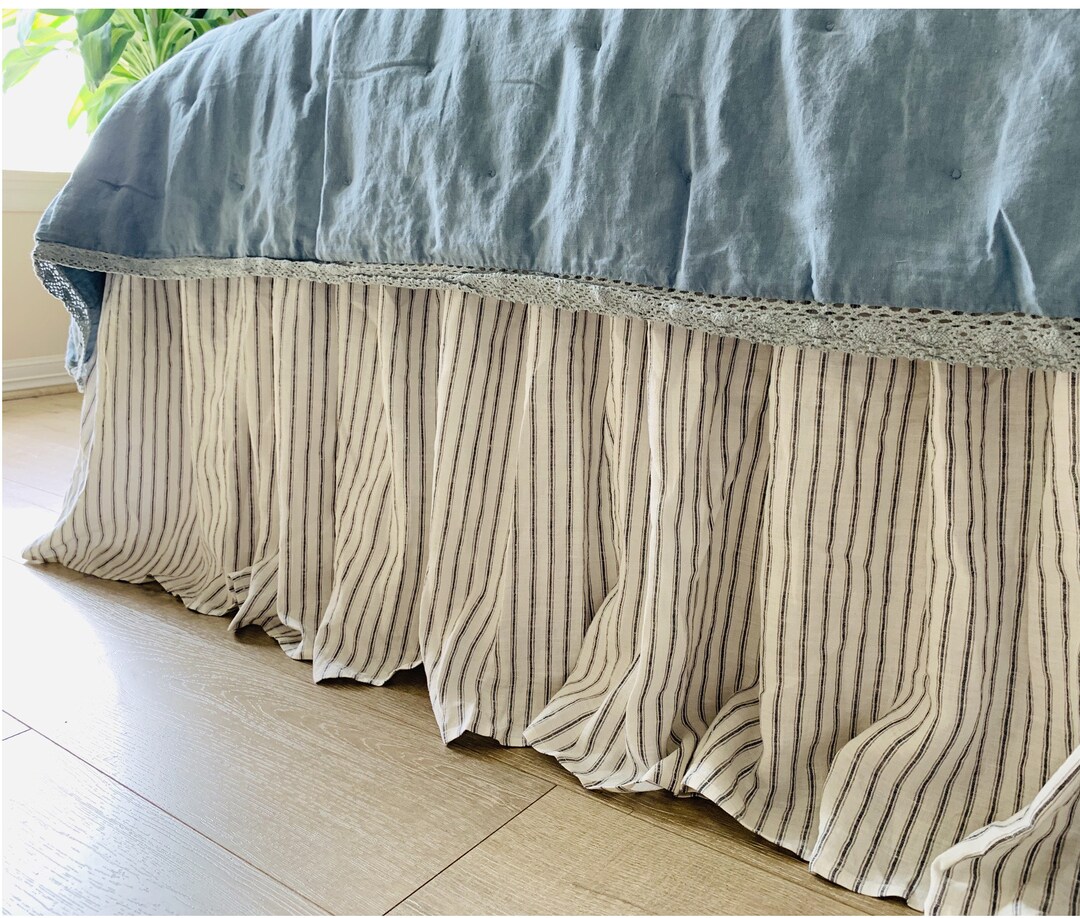 Iron and White Ticking Striped Linen Bedskirt, Bed Ruffles, Striped ...