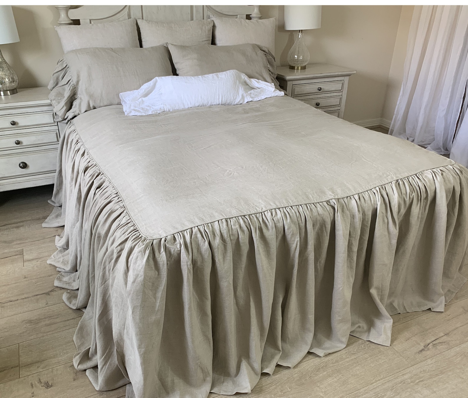 Dark Linen Bedspread With Ruffled Bed Cover Ruffle Linen Bed - Etsy