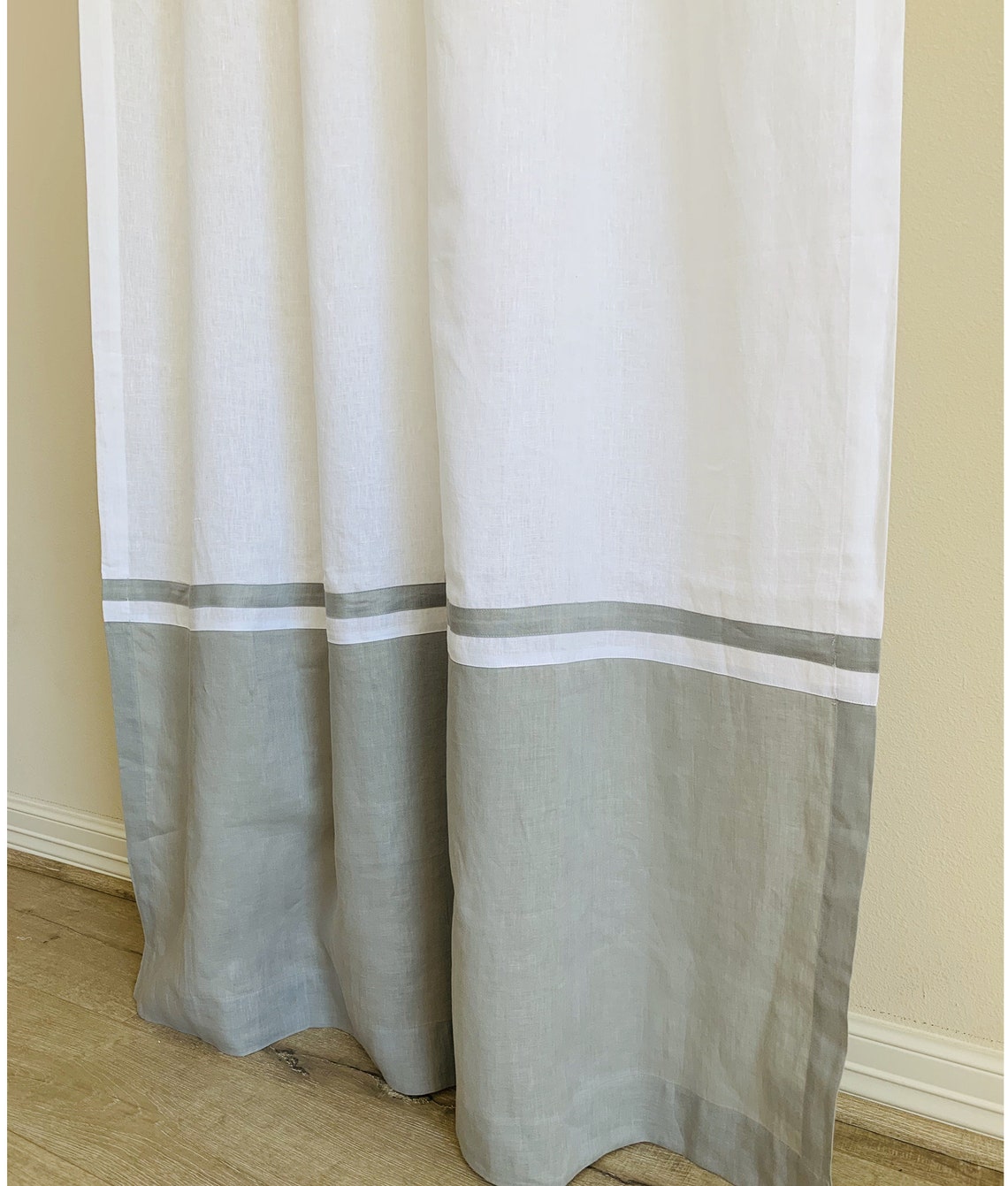 White Linen Shower Curtain Coin Grey Border and Strip Accent, Color ...