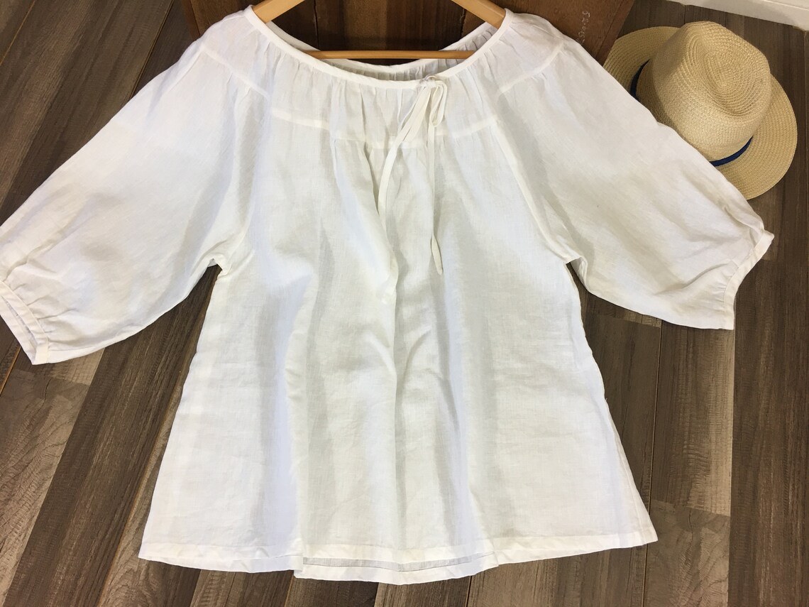 White Linen Top Long Sleeve, Natural Linen White Blouse for Women, 54 ...