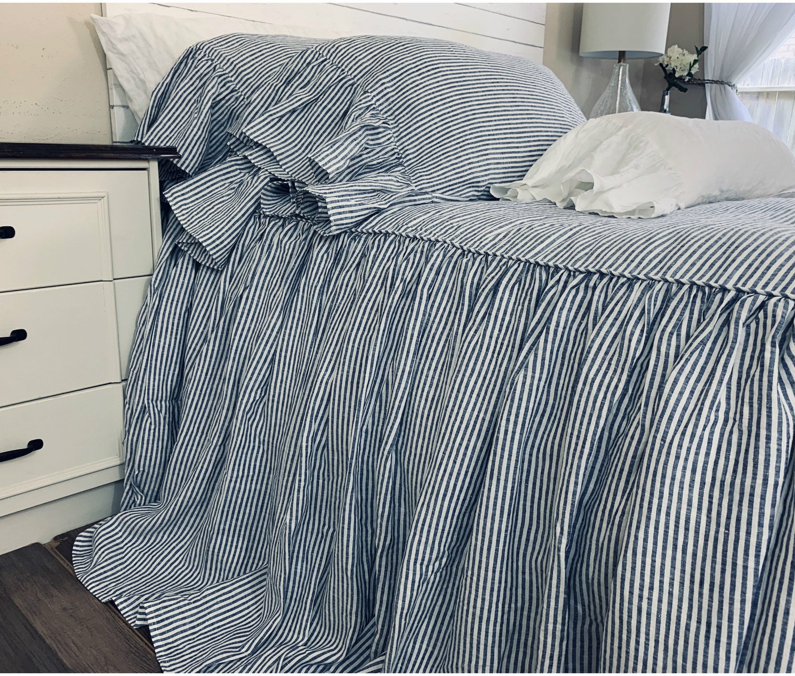 Denim Navy and White Striped Linen Bedspread Dyed Linen - Etsy