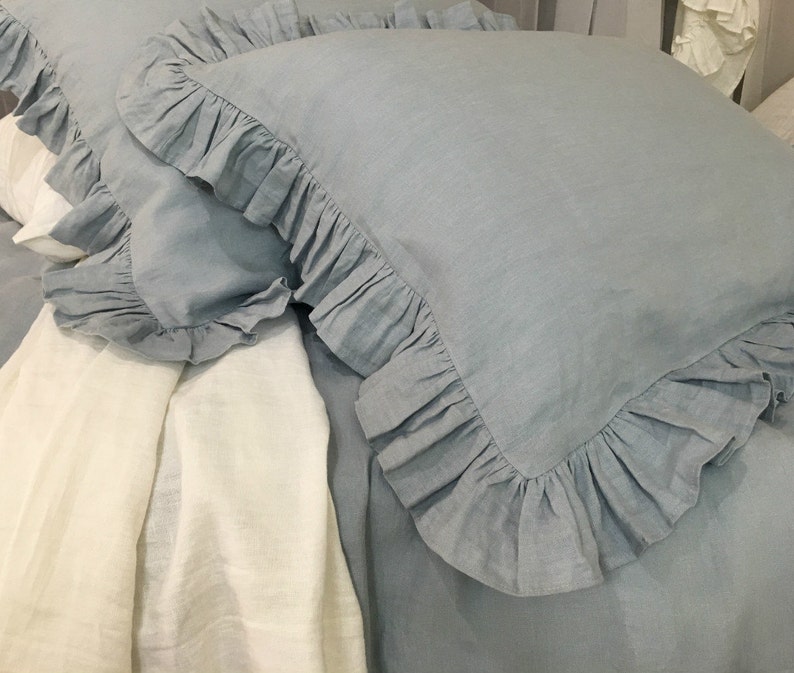 Duck Egg Blue Ruffle Linen Duvet Cover Features Easy Flow Ruffles ...