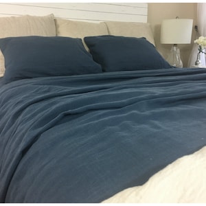 Navy Linen Bed Sheets Set, Yarn Dyed Dark Blue Linen Sheets , for Twin ...