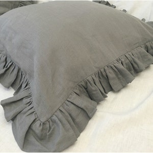 Medium Grey Ruffle Pillow Covers, Linen Ruffle Pillow Covers, Accented ...
