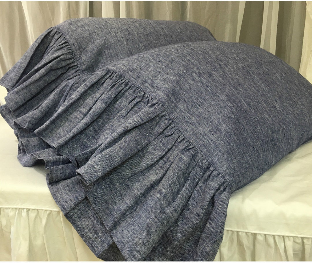 A Pair of Chambray Denim Pillow Cases With Mermaid Long Ruffles ...