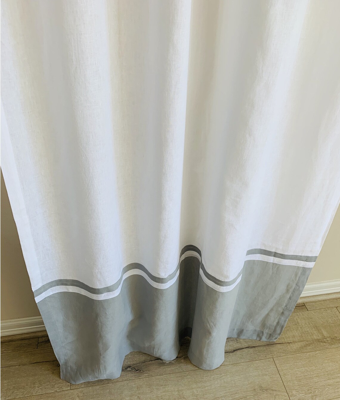 White Linen Shower Curtain Coin Grey Border and Strip Accent, Color ...