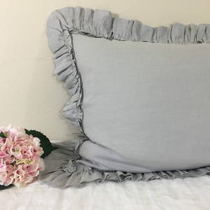 Vintage Ruffle Pillow Covers in STONE GREY Linen, Grey Ruffle Euro ...