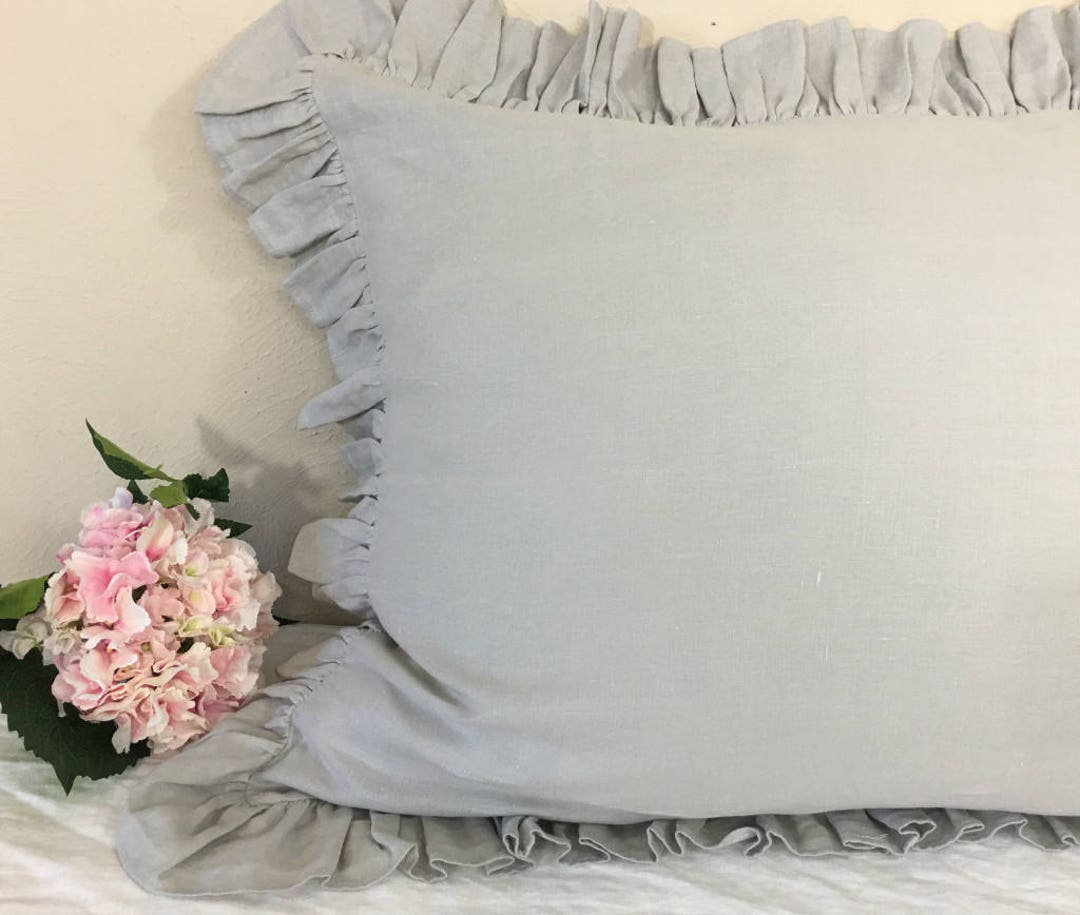 Stone Grey Ruffle Pillow Covers, Stone Grey Pillow Case, Linen Ruffle ...