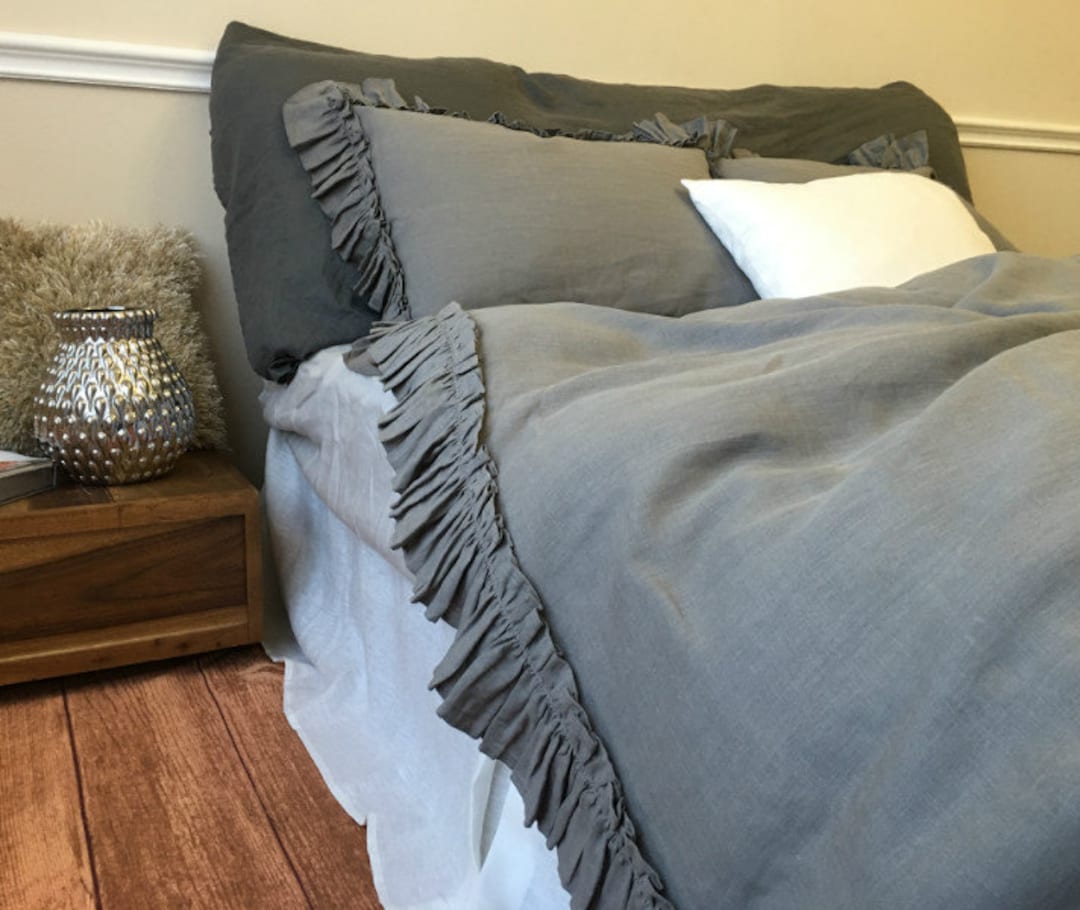 Medium Grey Ruffled Duvet Cover Handmade With Vintage Ruffle Style ...