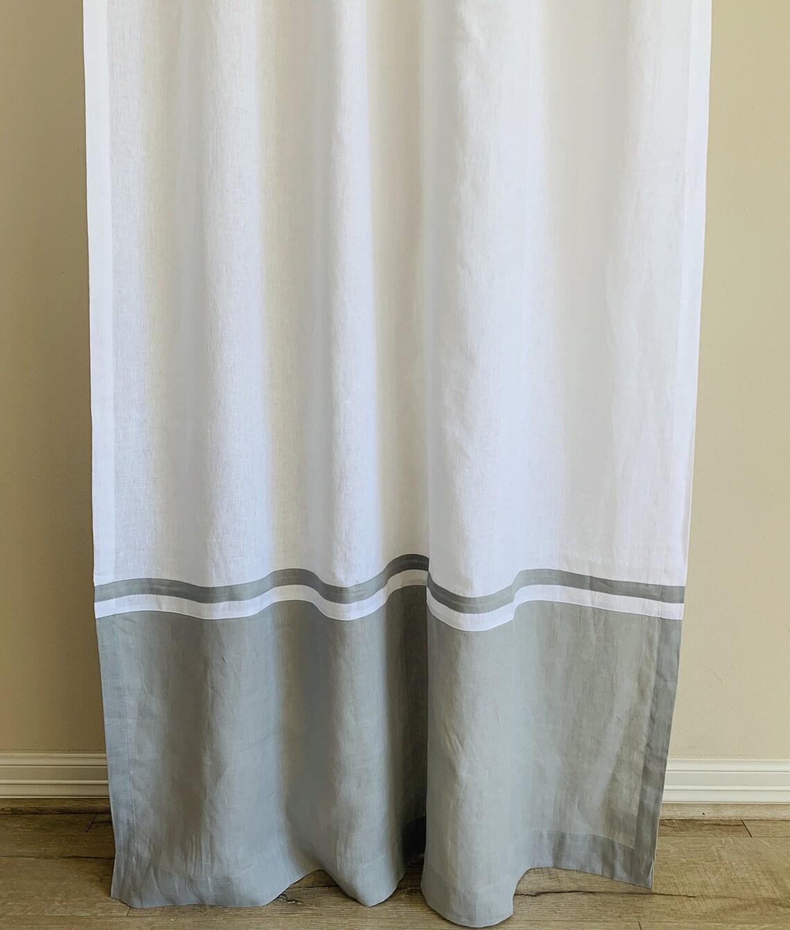 White Linen Shower Curtain Coin Grey Border and Strip Accent, Color ...