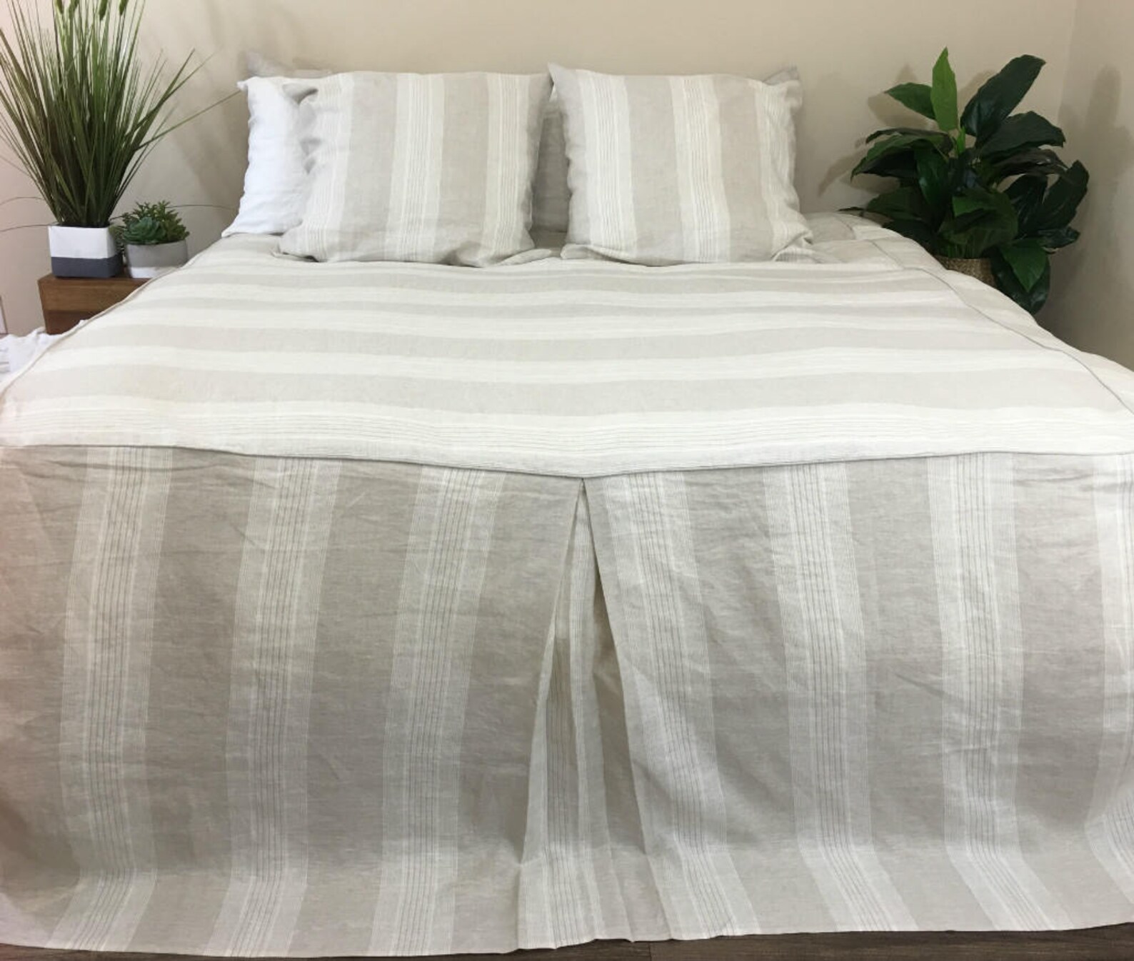 Natural Linen Coastal Striped Bed Cover With Tailored Pleats, Bed ...