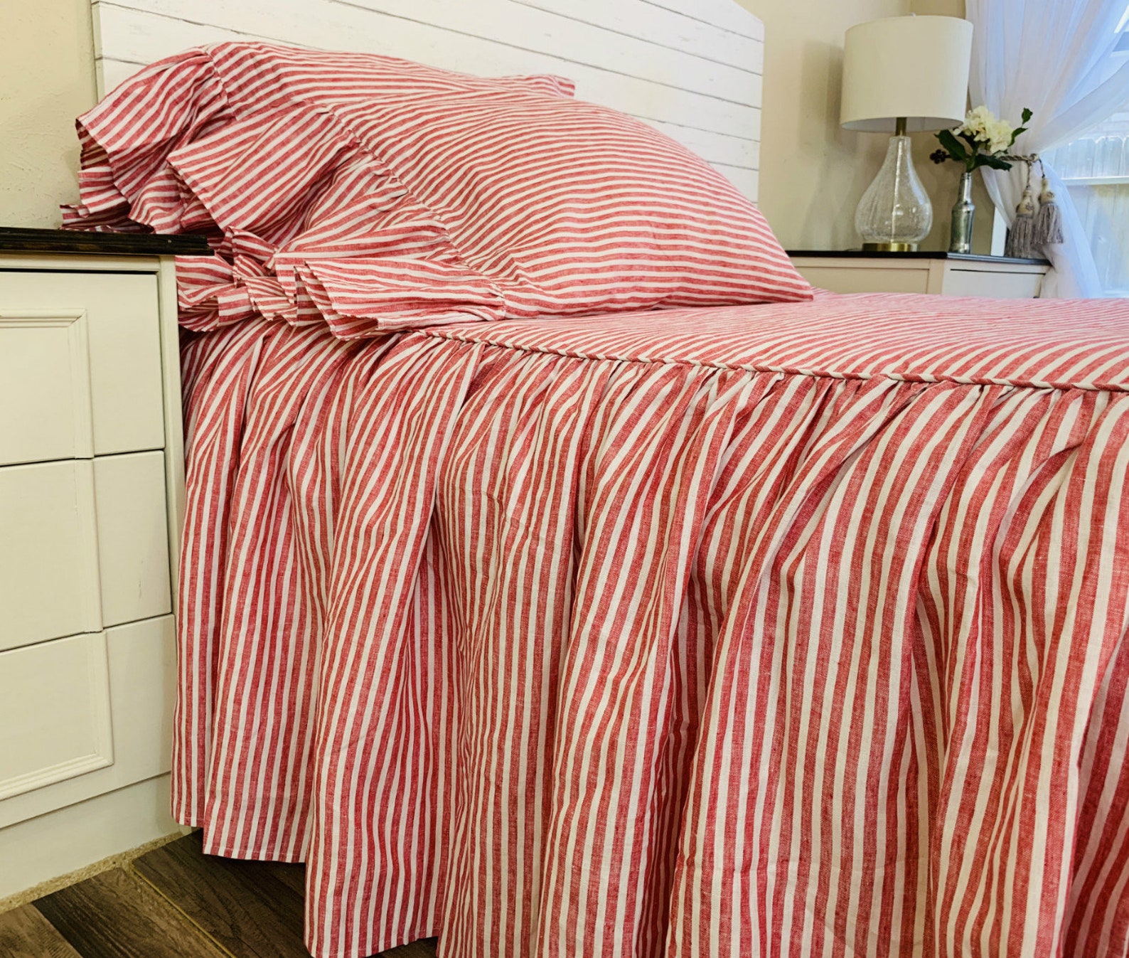 Red and White Striped Bedspread, Linen Bed Cover, Farmhouse Style ...