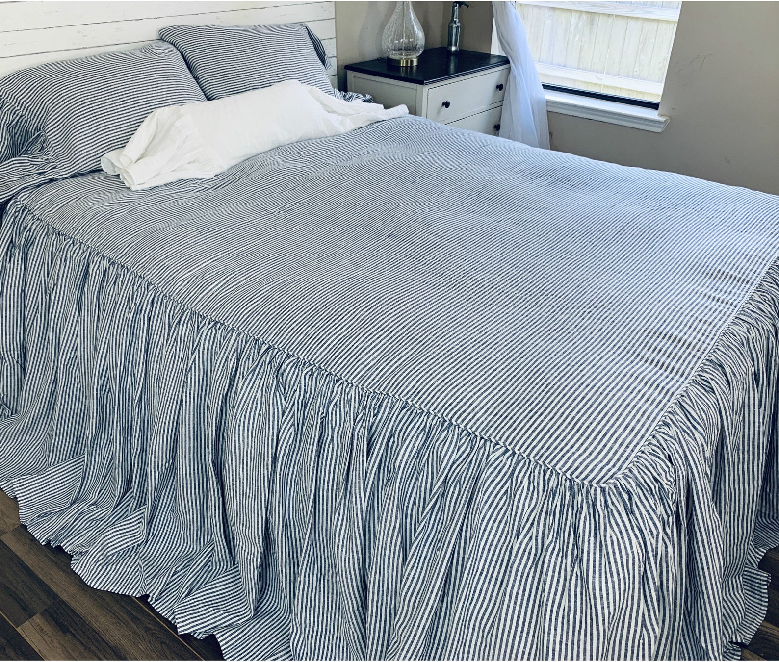 Denim Navy and White Striped Linen Bedspread Dyed Linen - Etsy