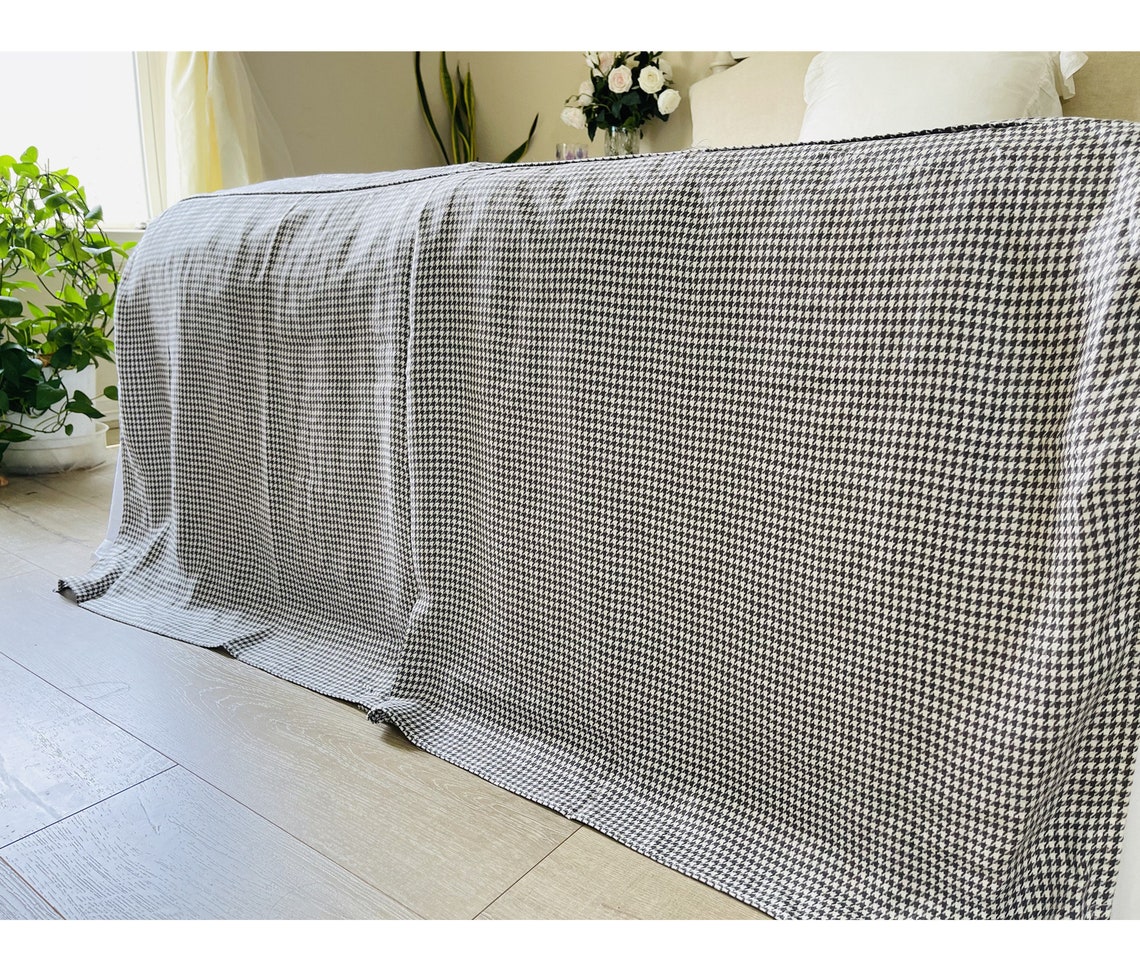 Houndstooth Slate Linen Bed Cover With Tailor Pleats Made to - Etsy