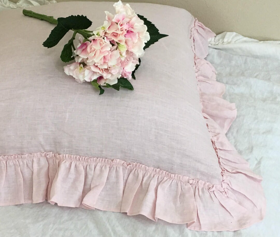 Chambray Blush Pink Euro Sham With Country Ruffles, Natural Linen ...