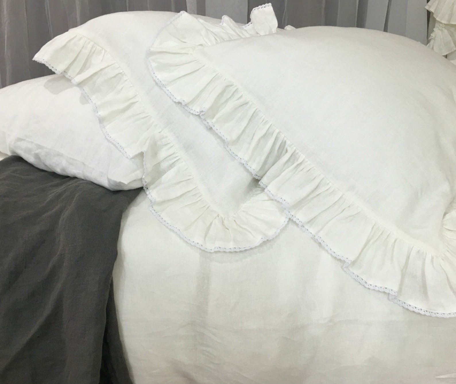 Soft White Ruffle Duvet Cover With Lace Linen RUFFLE Bedding | Etsy