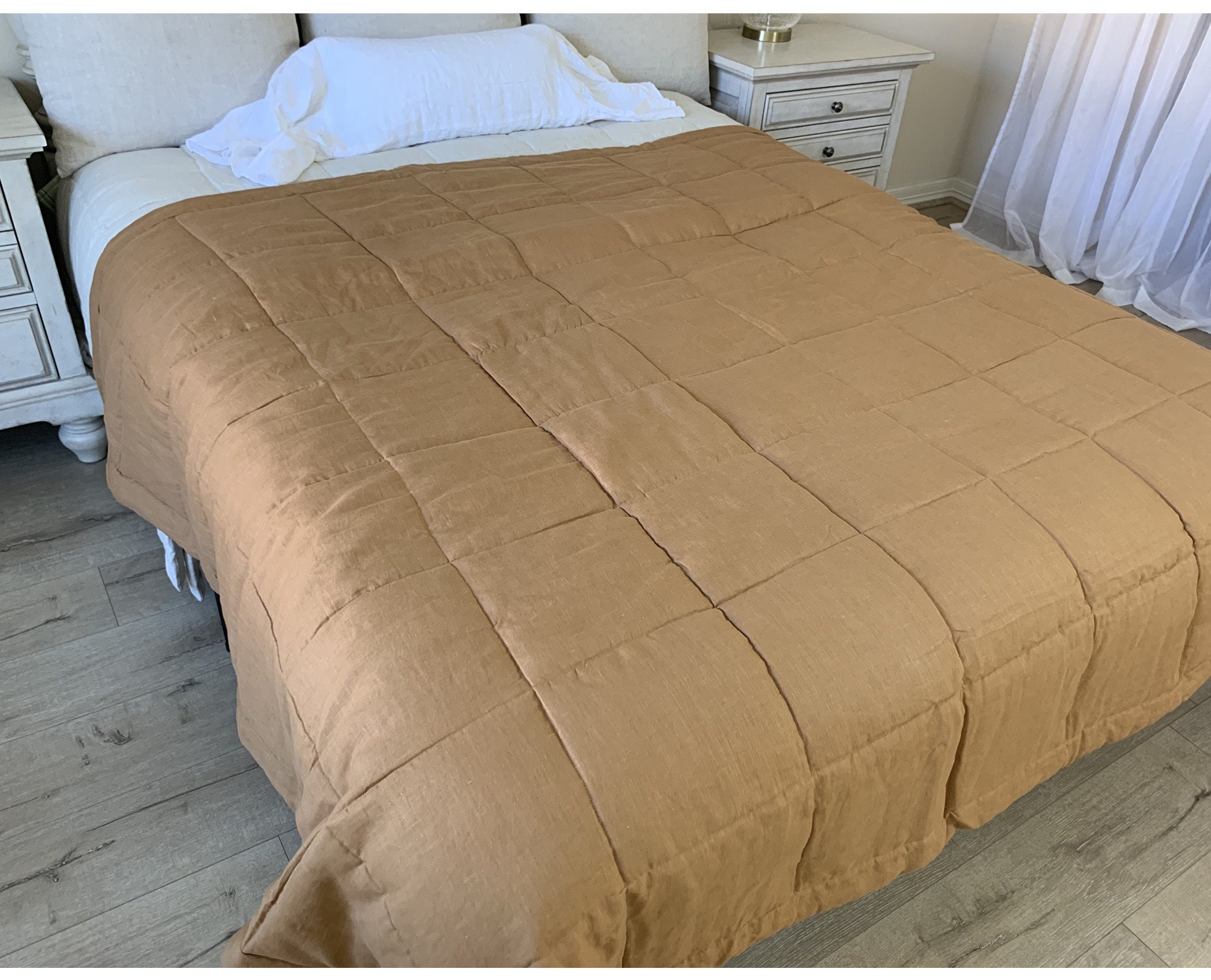 Linen Box Comforter Quilt, Box Shaped Quilted Duvet With Natural Linen ...