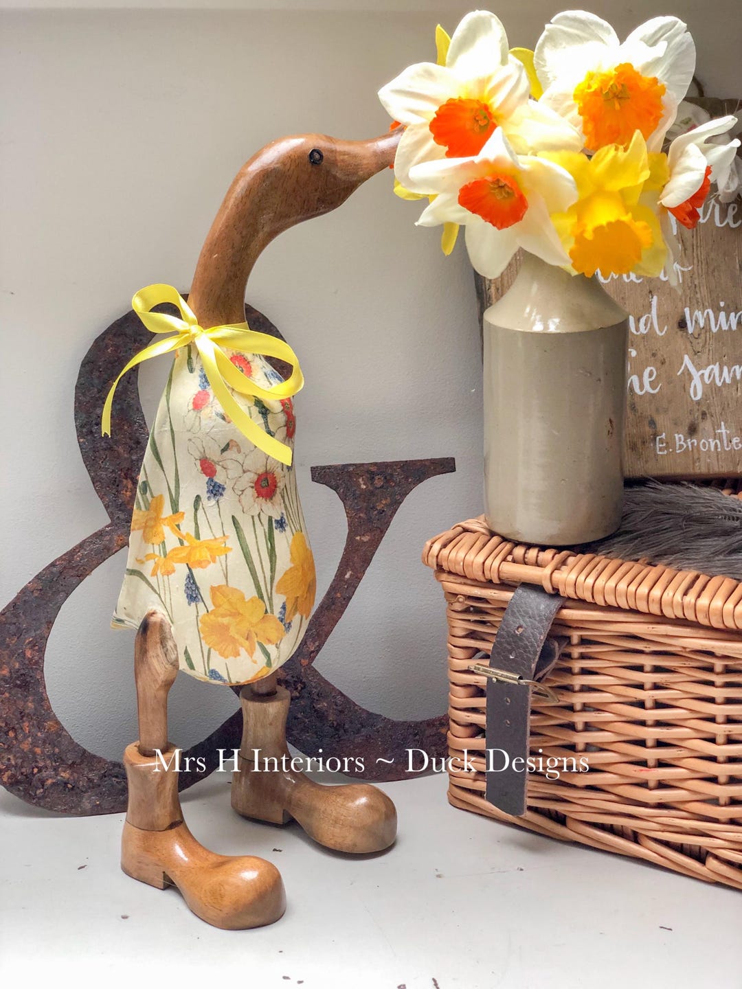 Daphne the Daffodil Floral Wooden Duck With Boots, Dressed and ...