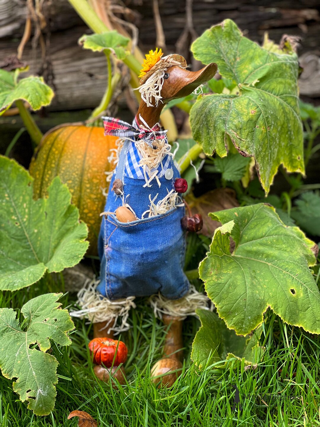Sally Scarecrow, Dungaree & Straw Hat Wearing Dressed Wooden Duck in ...