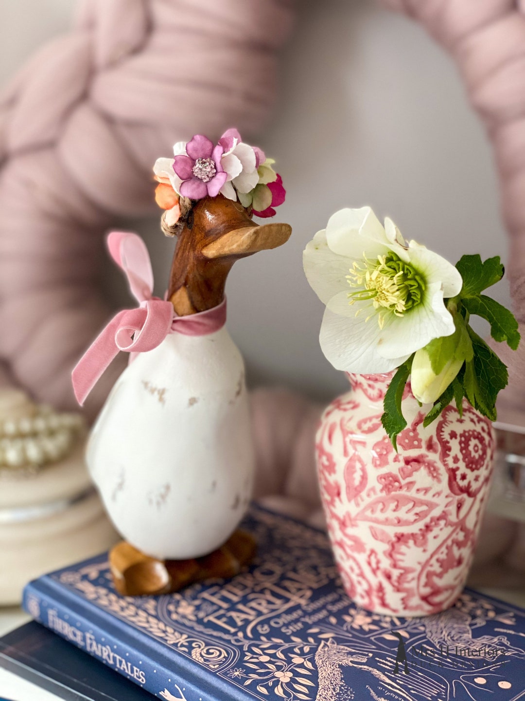 Flower Crown Flo. Cute Little Wooden Duck, Shabby White Paint and ...