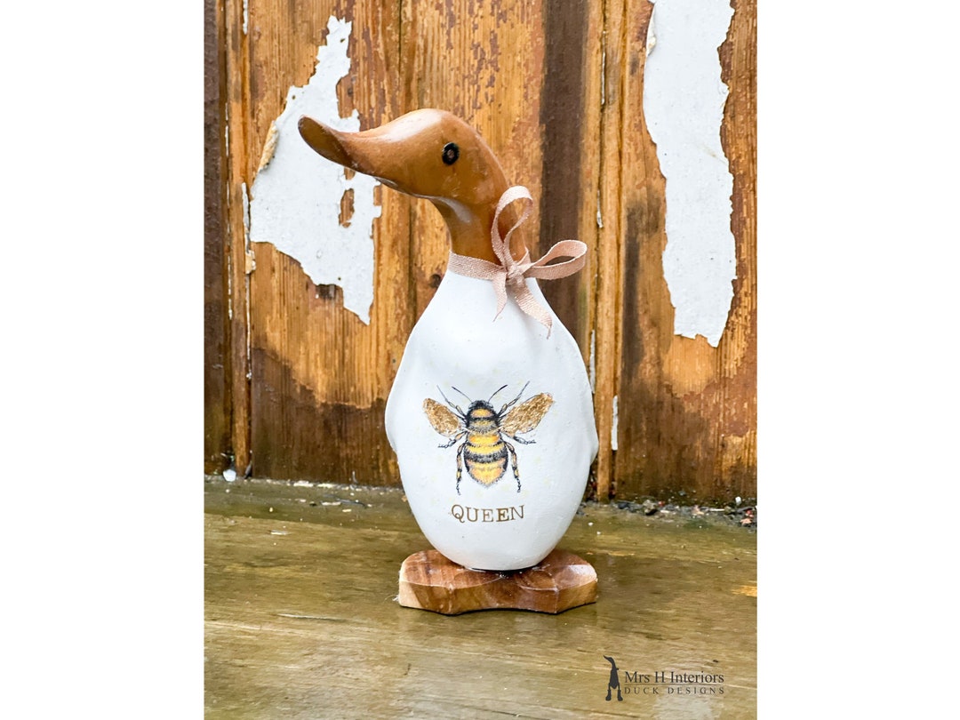 Queen Bee - Wooden Duck in White With Bee Print and Gold Leaf Wings ...