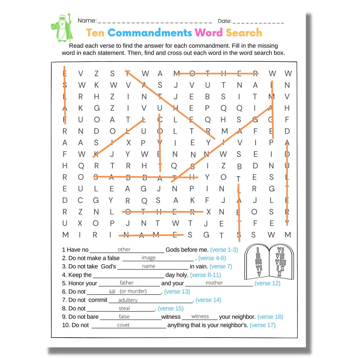 The 10 Commandments Word Search, Word Search Puzzle for Kids, Bible ...