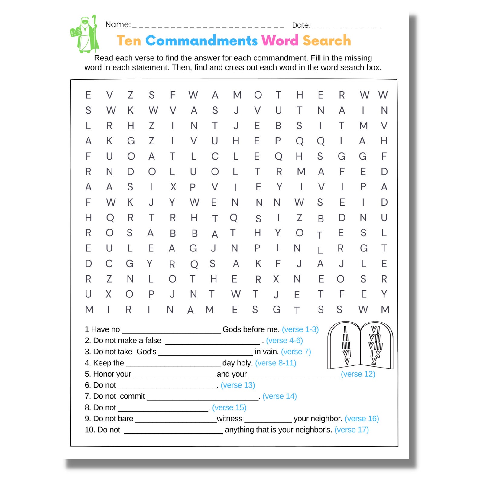 The 10 Commandments Word Search, Word Search Puzzle for Kids, Bible ...