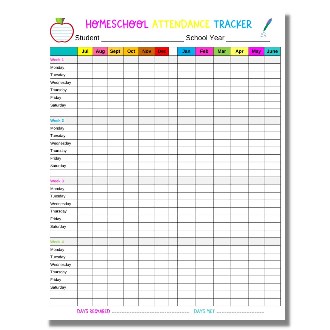 Homeschool Attendance Log, School Attendance Tracker, Attendance Record ...