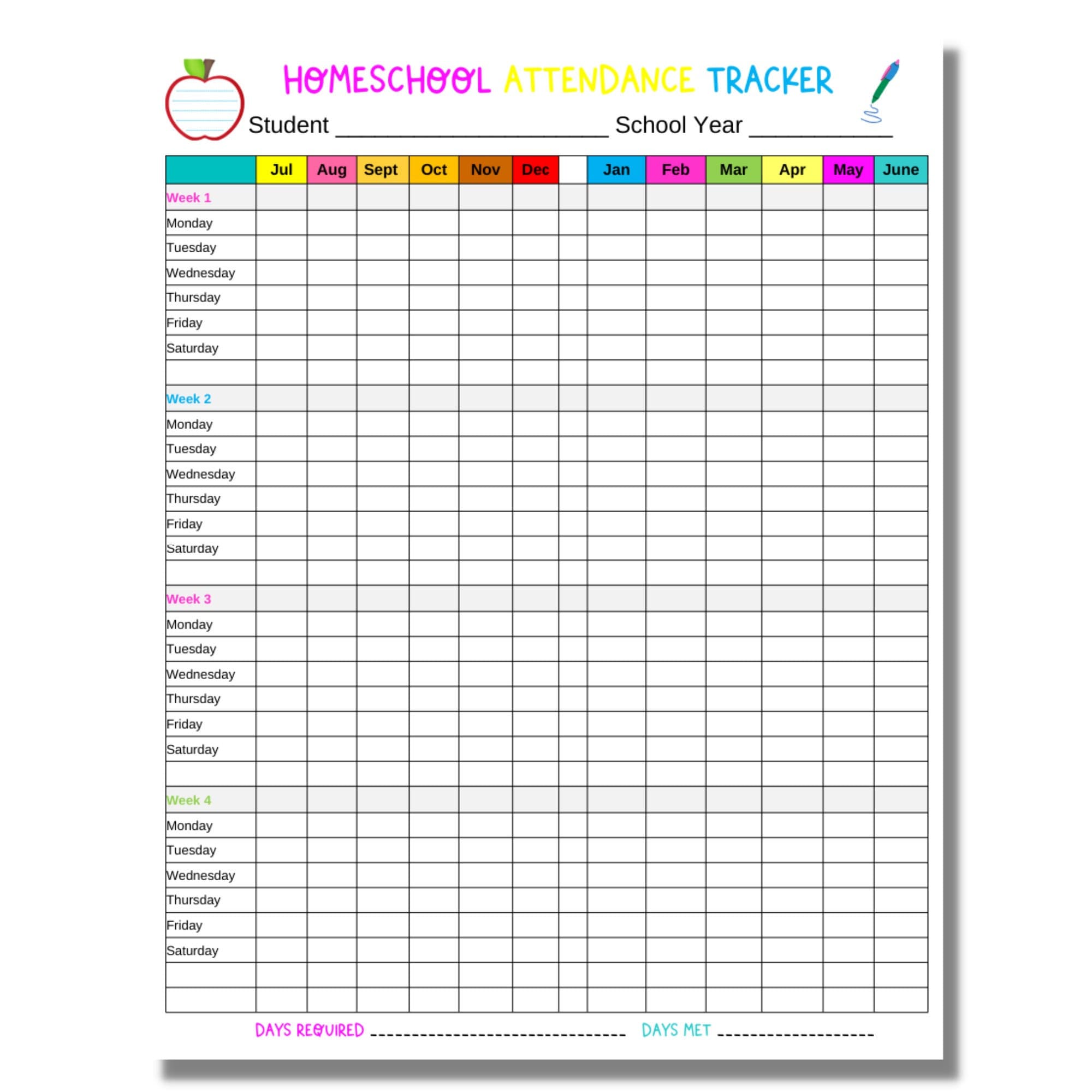 Homeschool Attendance Log, School Attendance Tracker, Attendance Record ...