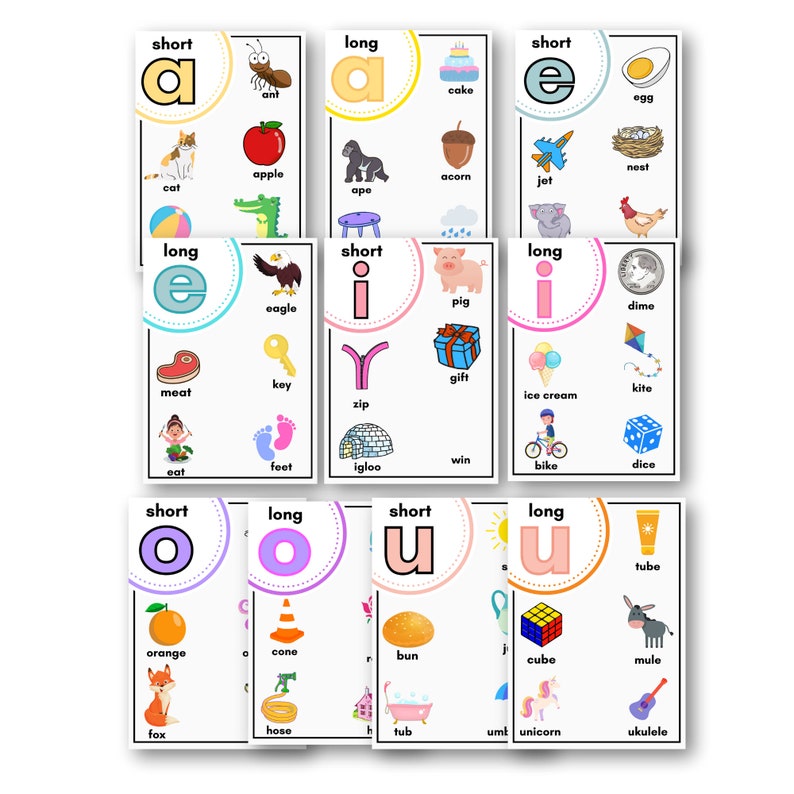 Phonics Cards for Kids, Vowel Charts, Kindergarten & Preschool Learning ...