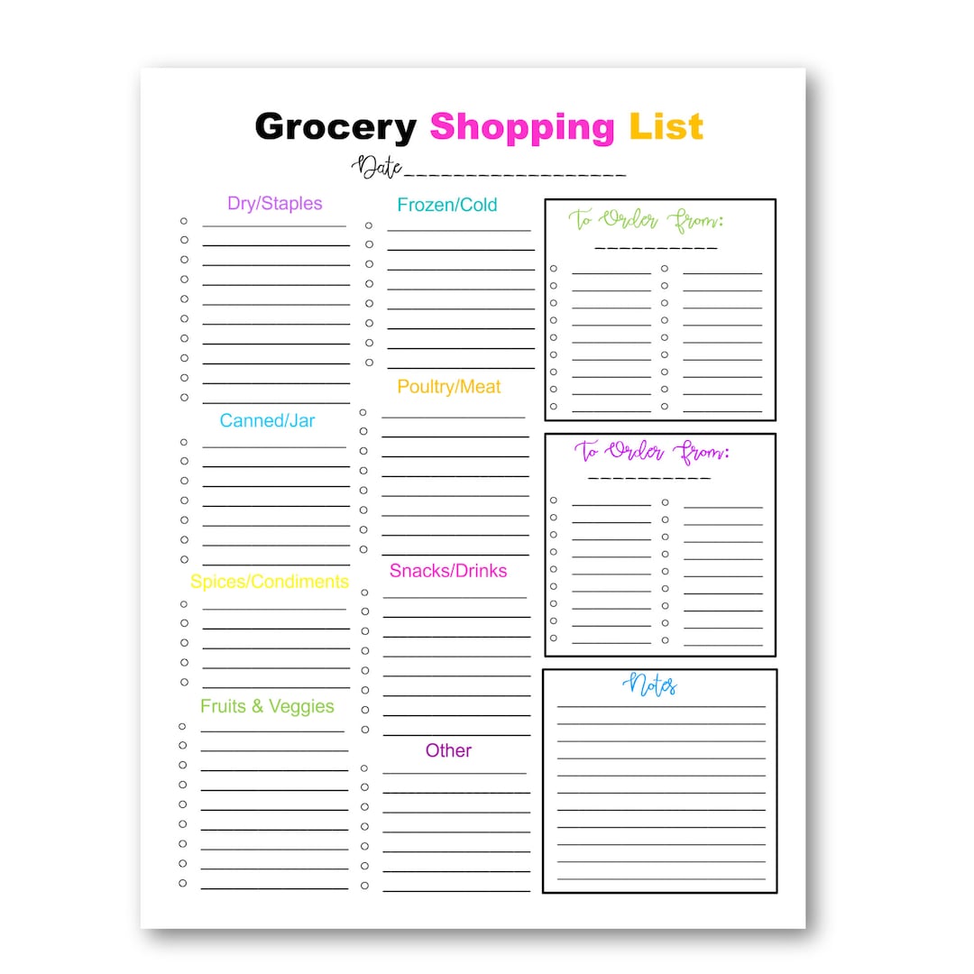 Grocery Shopping List, Color-coded Grocery List, Grocery Order List ...