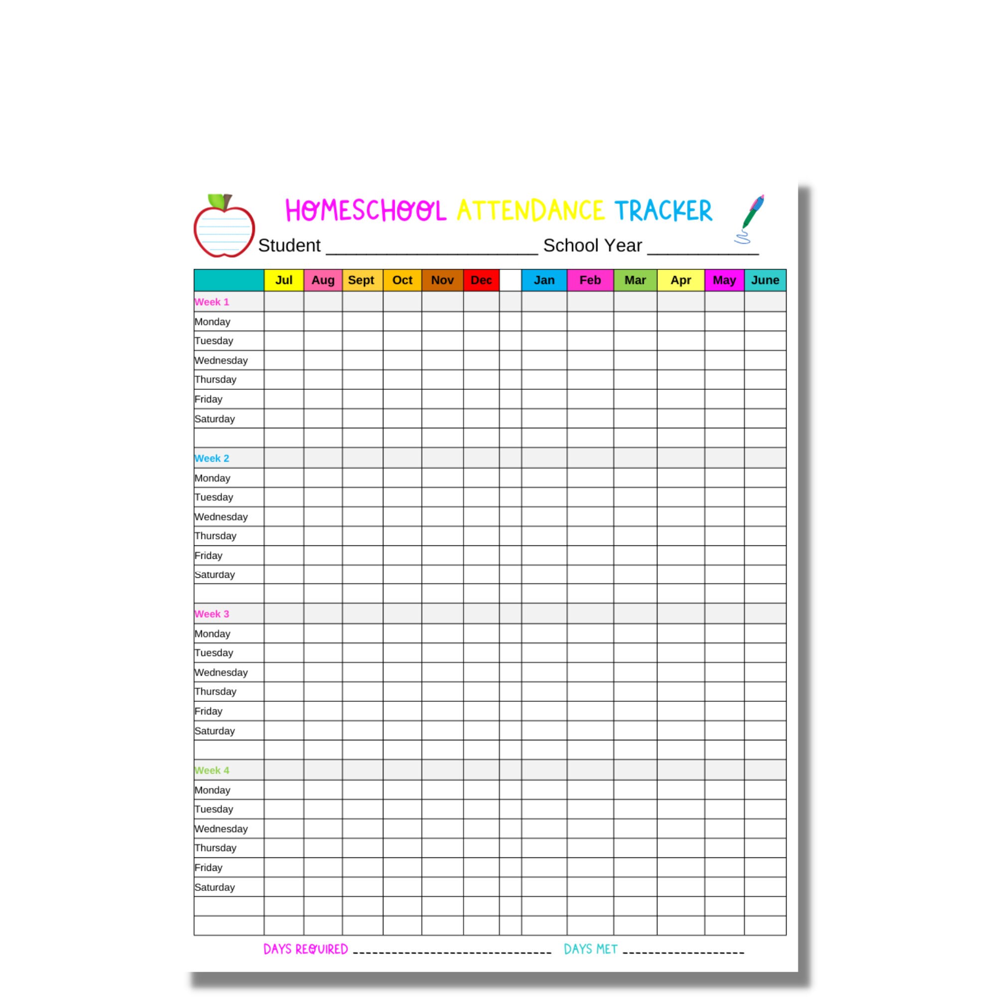 Homeschool Attendance Tracker Printable (PDF) - Etsy