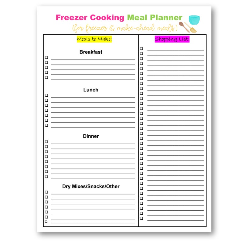 Freezer Cooking Meal Planner Printable, Checklist (PDF File) - Etsy