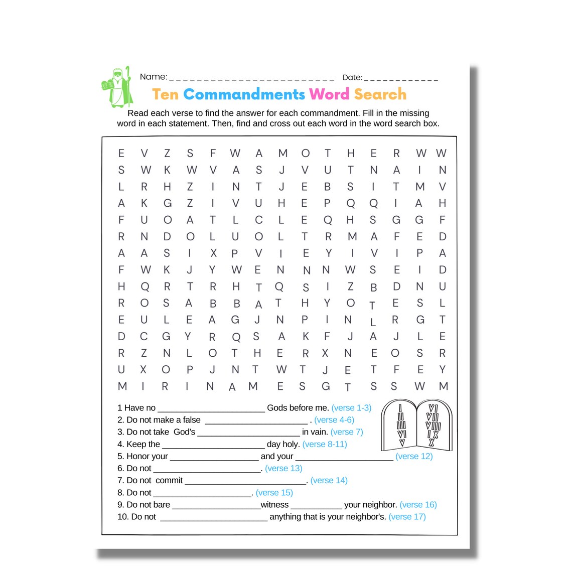 The 10 Commandments Word Search, Word Search Puzzle for Kids, Bible ...