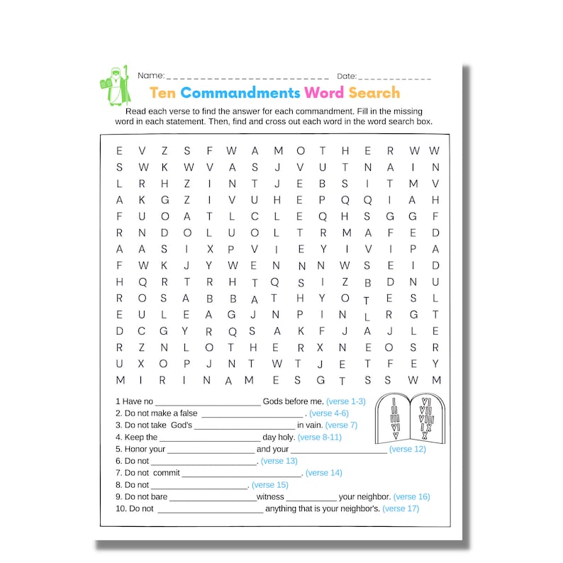 10 Commandments Word Search Puzzle for Kids (PDF) - Etsy