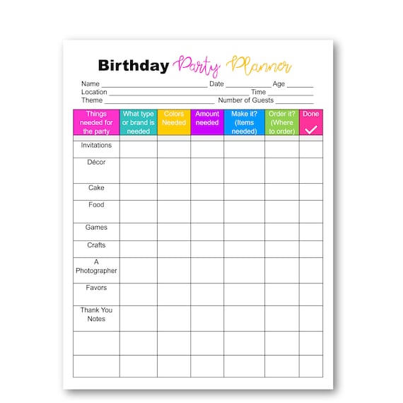 Birthday Party Planner Printable Party Planner Event | Etsy