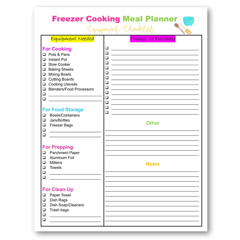 Freezer Cooking Meal Planner Printable, Checklist (PDF File) - Etsy
