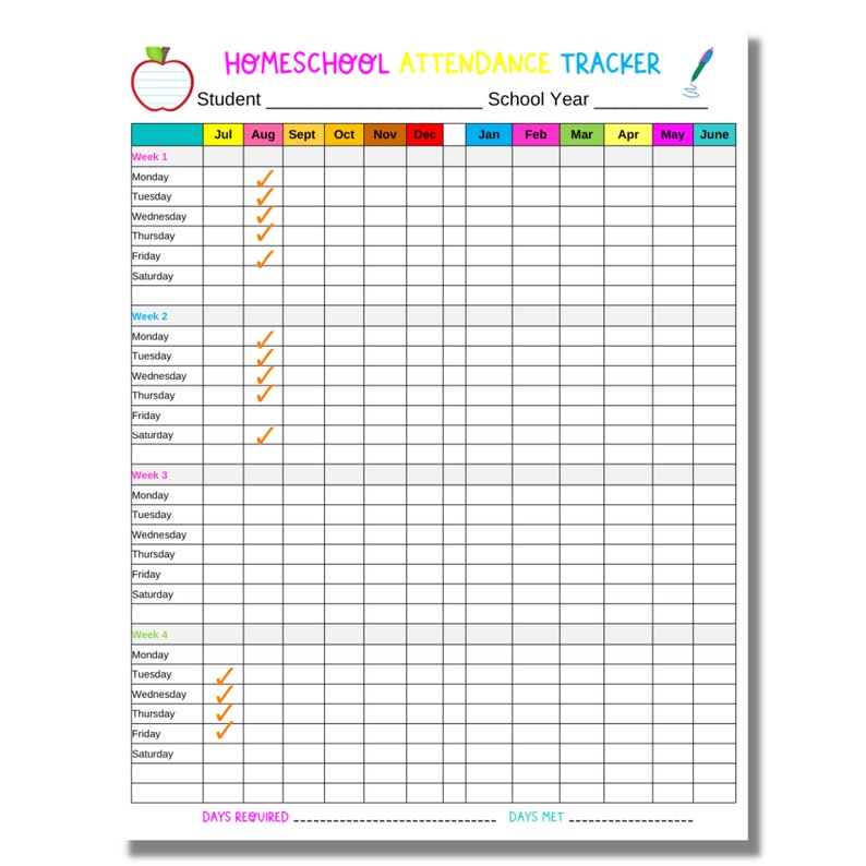 Homeschool Attendance Tracker Printable (PDF) - Etsy