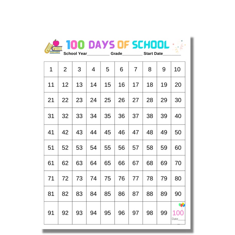 100 Days of School Countdown Chart, Printable Calendar (PDF) - Etsy