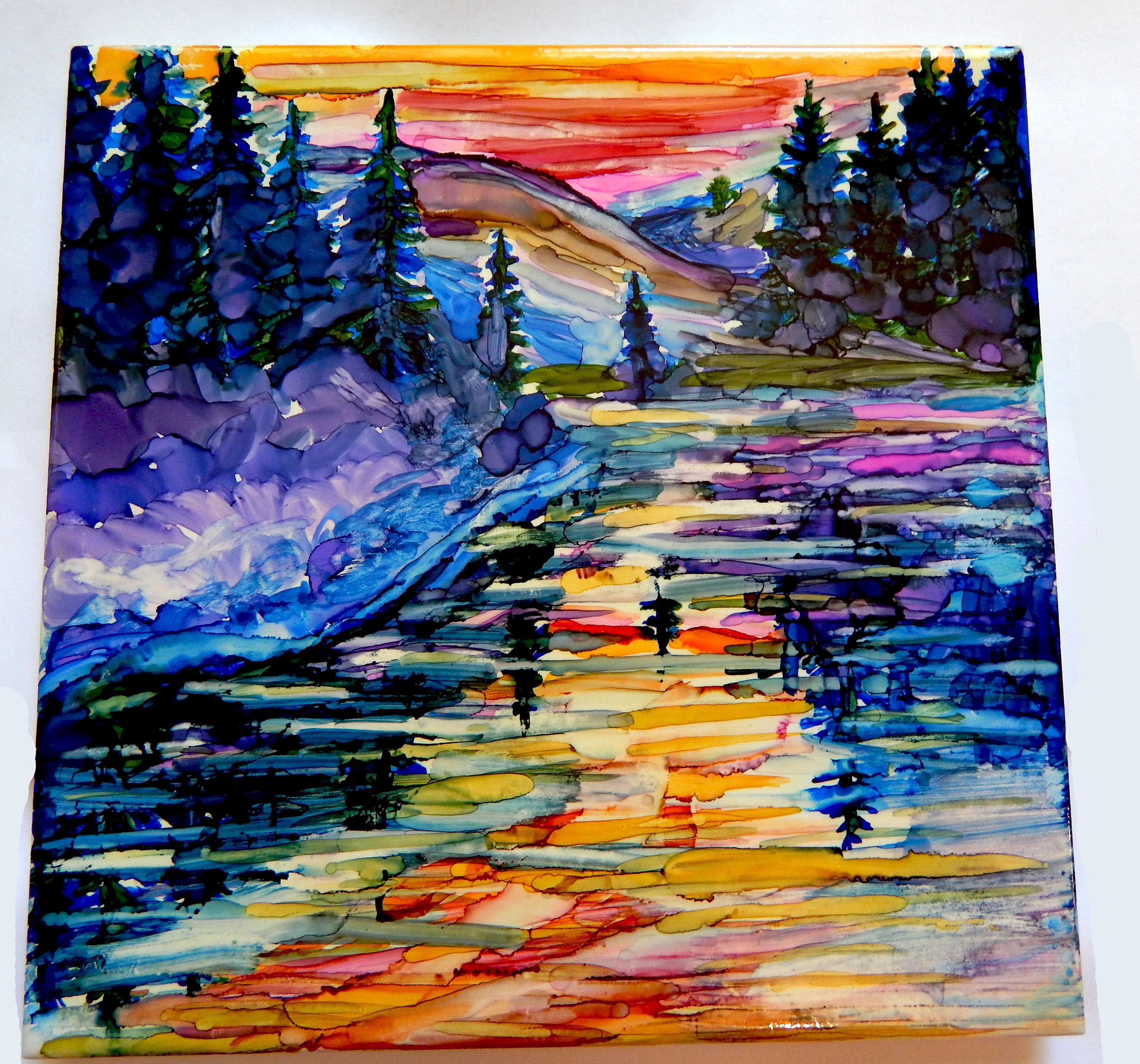 Mountain Painting, Alcohol Ink Landscape Painting, Ceramic Tile, - Etsy