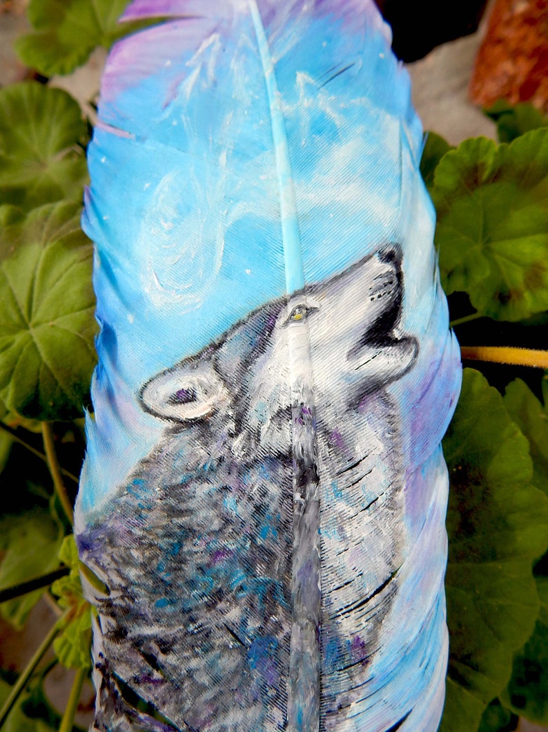 Howling Wolf Painting, Painted Feather - Etsy