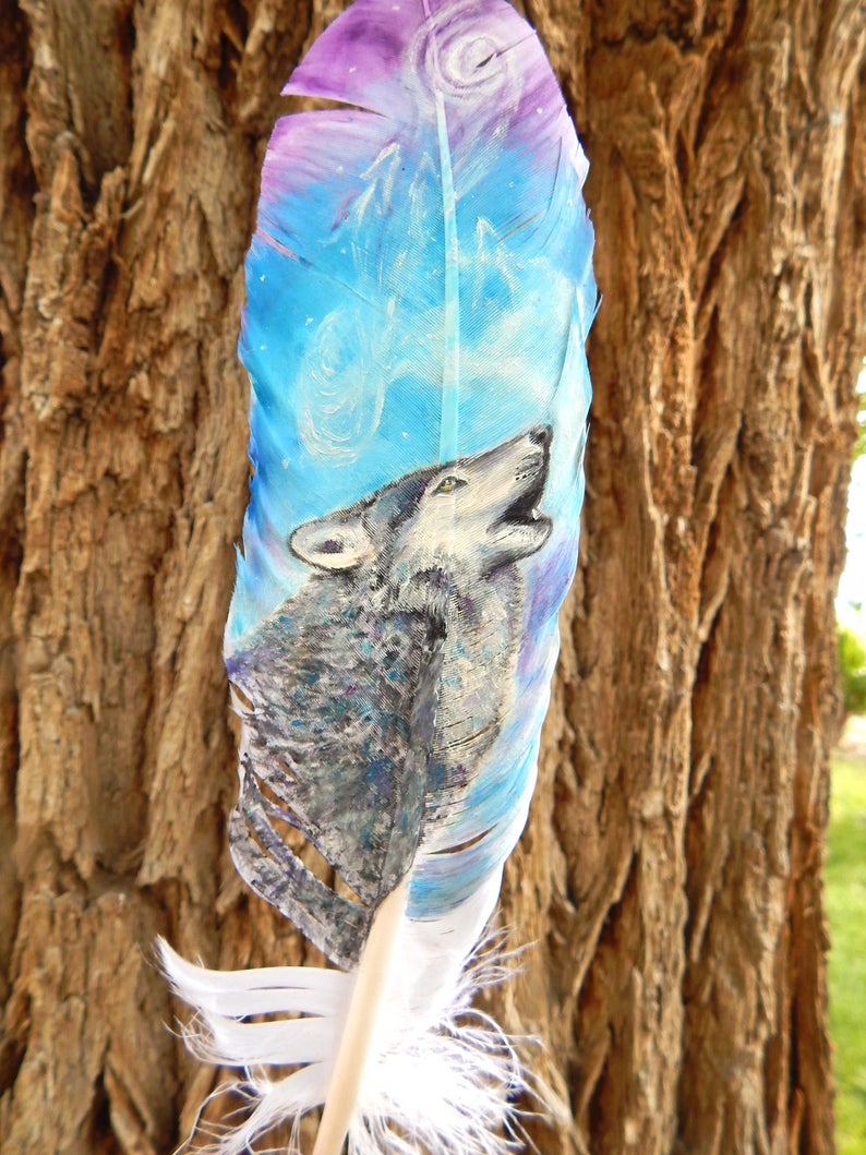 Howling Wolf Painting, Painted Feather - Etsy