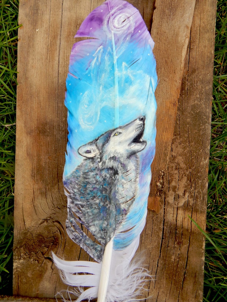 Howling Wolf Painting, Painted Feather - Etsy