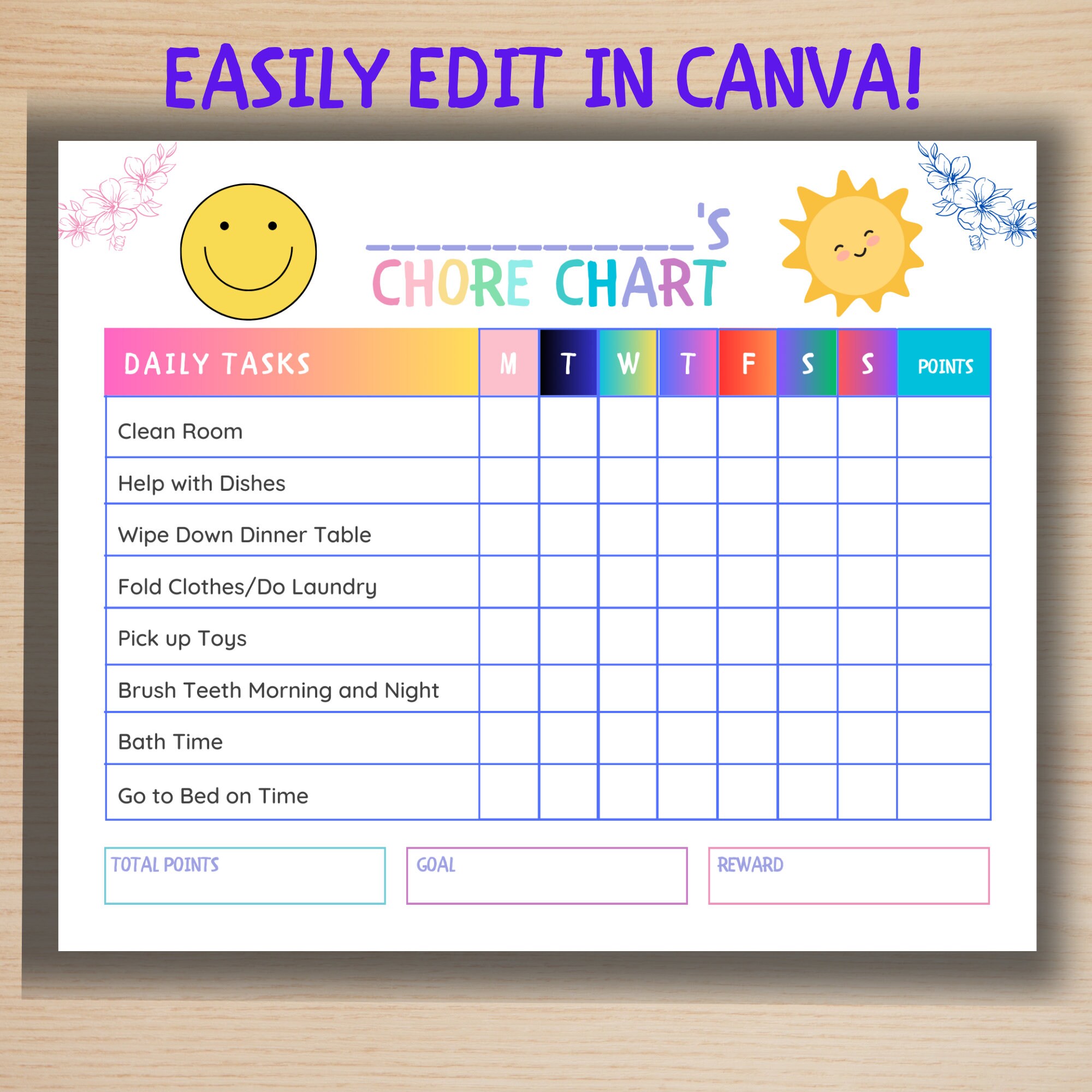 Editable Daily Chore List for Kids | Colorful | Easily Edit in Canva ...